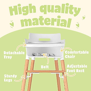 Wooden High Chair for Babies and Toddlers - with Harness, Removable Tray, and Adjustable Legs