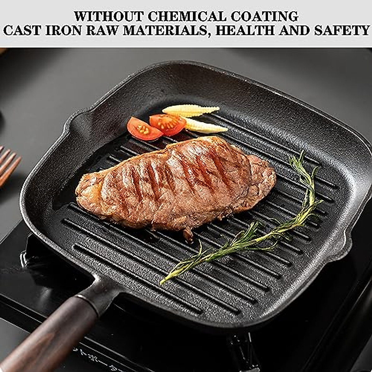 JUSTUP Cast Iron Square Grill Pan, Nonstick Grill Pan with Pour Spouts, Pre-Seasoned Ridged Skillet with Heat Resistant Handle, Cooking Pan for Steak, Egg, Bacon,PFOA Free (Black)