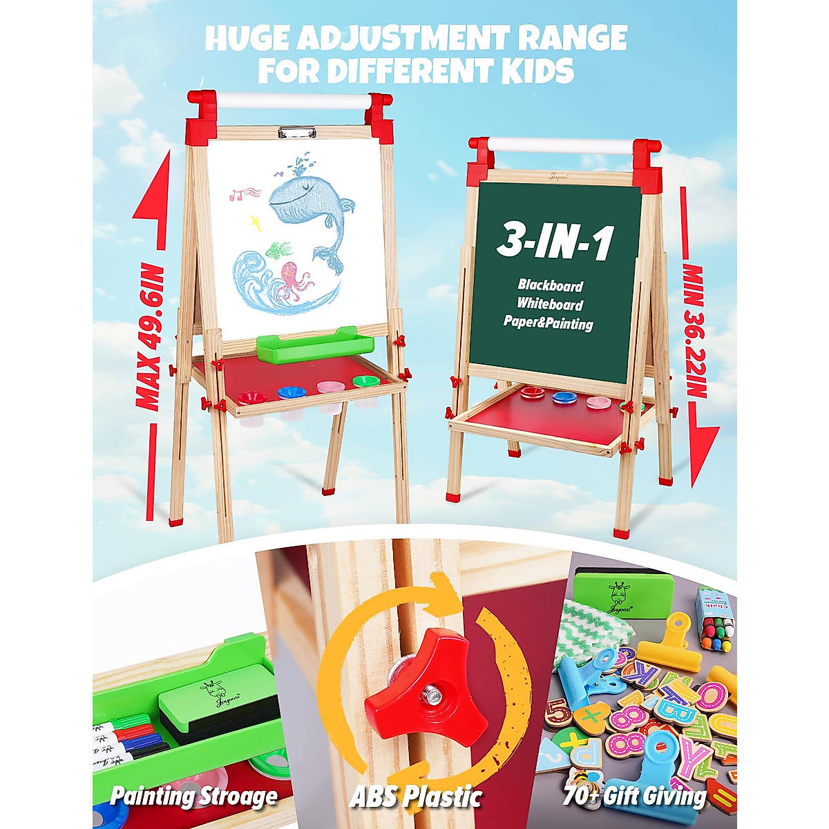 JOYOOSS Easel for Kids Art Easel Kids Easels for Toddlers,Wooden Kid Easel with Paper Roll - Adjustable Magnetic Double Sided, Toddler Art Easel for Toddlers 2-4 Years and Art Easel for Kids Ages 4-8