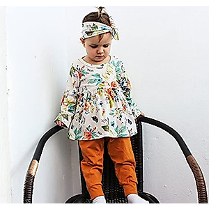 3PCS Baby Girl Clothes Ruffle Floral Shirt Tops Pants Headband Outfit Sets (Yellow, 9-12 Months)