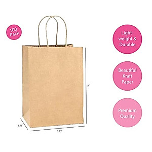 Kraft Brown Paper Gift Bags With Handles 5.75”x3.75”x8" Bulk Pack 100 Brown Small Gift Bags Kraft Bags For Gifts, Party, Shopping. Bulk Pack Great For Retail And Merchandise