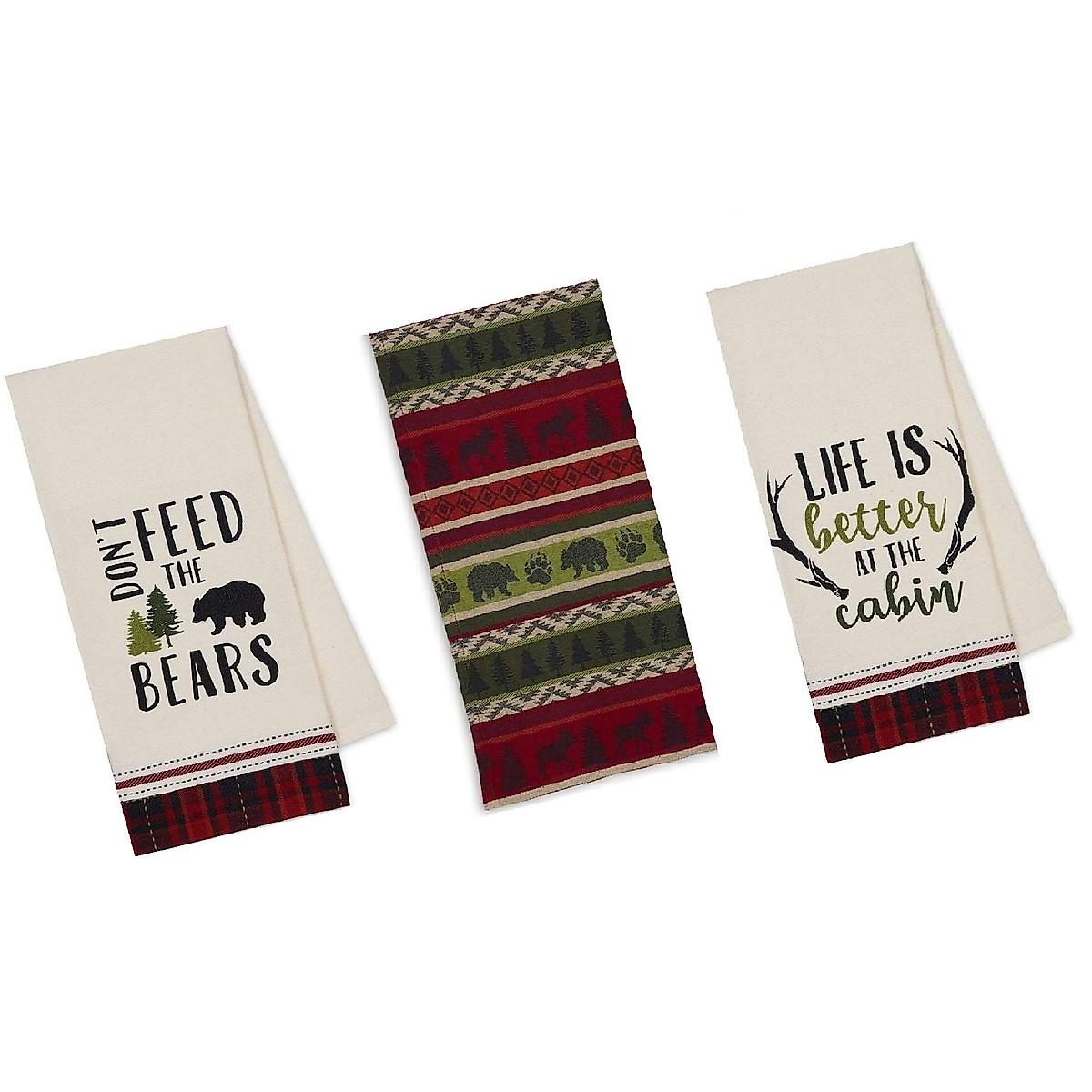 3 Cabin Lodge Themed Decorative Cotton Kitchen Towels with Bear, Antler, Deer, Moose and Paw Print | Towel Set for Dish and Hand Drying