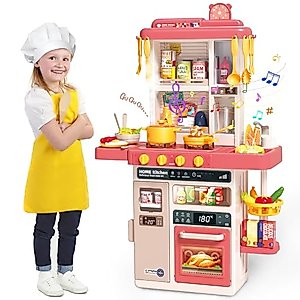 UNIH Kids Play Kitchen Playset, Toy Kitchen for Toddlers,Kitchen Set with Light and Sounds Pretend Play Kitchen Toys for Girls Boys 3 4 5 Year Old