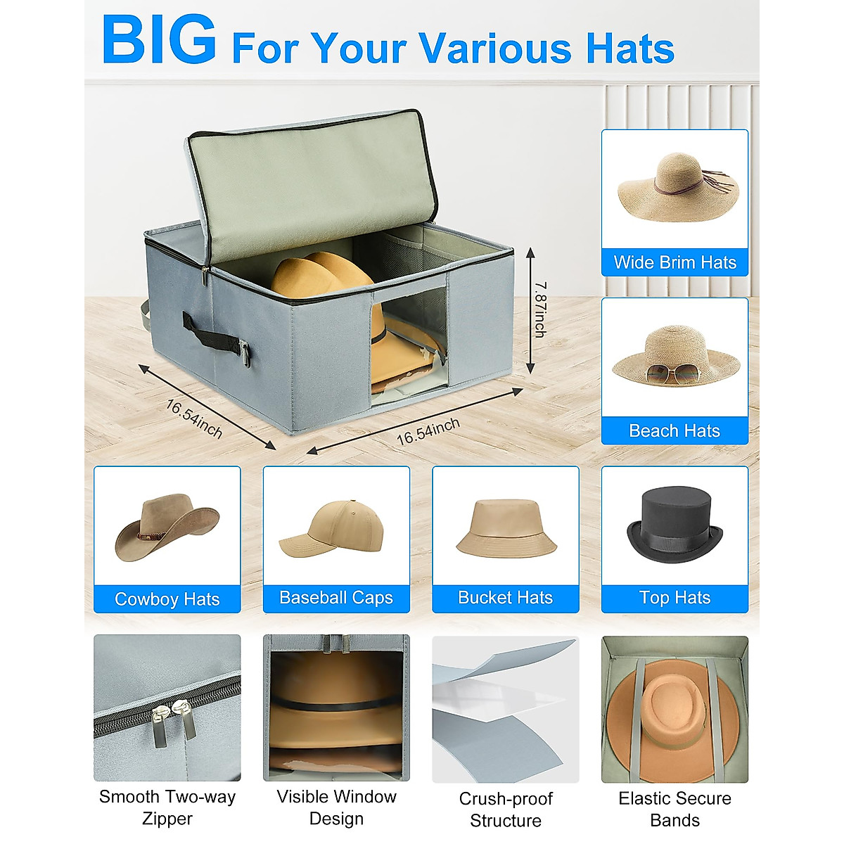 Allgawise Hat Storage Box - Upgrade Stackable Hat Organizer Bag Container for Closet, Foldable Hat Travel Box for Women, Cowboy Hat Box for Men