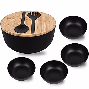 LOVYANXUE Salad Bowl with Lid, 9.8" Large Salad Bowl Set with Lid Spoon Fork, Natural Bamboo Fiber Salad Bowl and 4 small Bowls for Salad, Fruits, Vegetables, Pasta, Popcorn