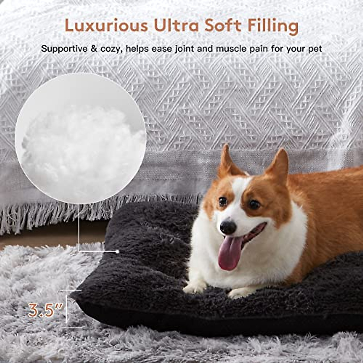 FURTIME Dog Bed Crate Pad Washable Dog Beds for Large Dogs Cats Deluxe Thick Plush Fluffy Kennel Crate Pad Comfy Pet Sleeping Mat Anti-Slip & Anti Anxiety Orthopedic Calming Bed