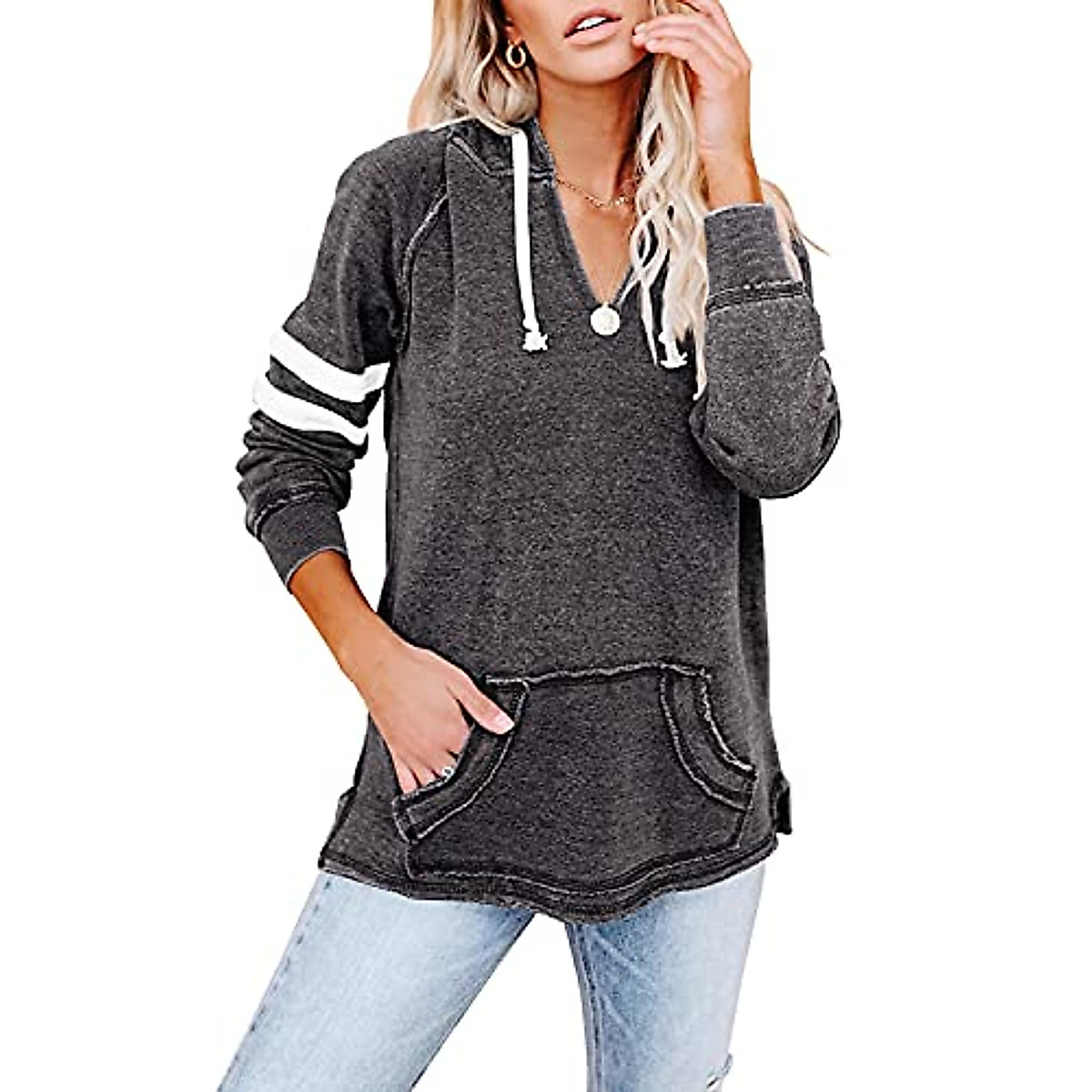 Fashare Womens V Neck Hoodies with Pockets Long Sleeve Striped Pullover Tops Sweatshirt Dark Gray