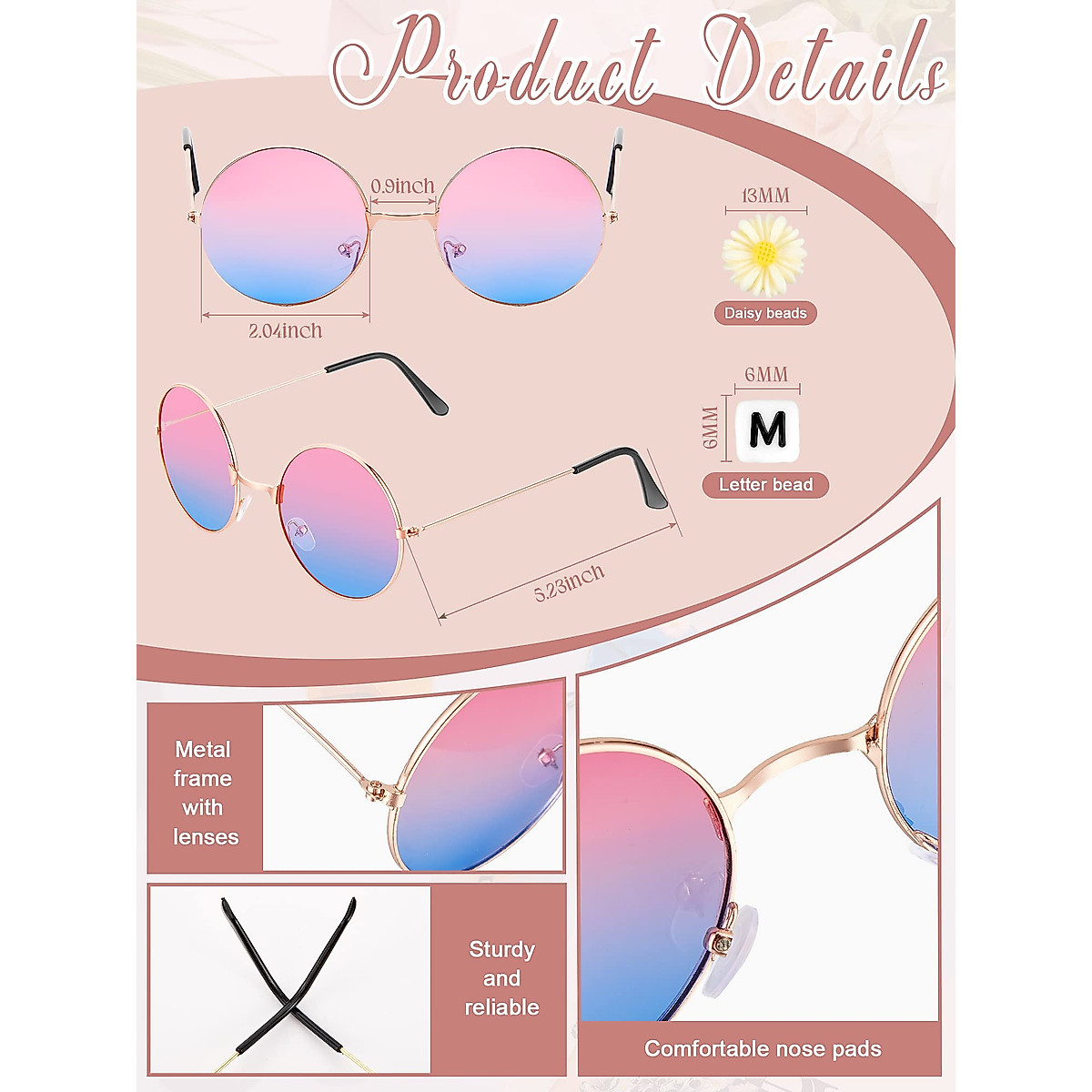 8 Pairs DIY Adult Round Sunglasses Hippie Circle Sunglasses with 200 Letter Beads 50 Daisy Beads and Glue for Women Men (Cute Color)