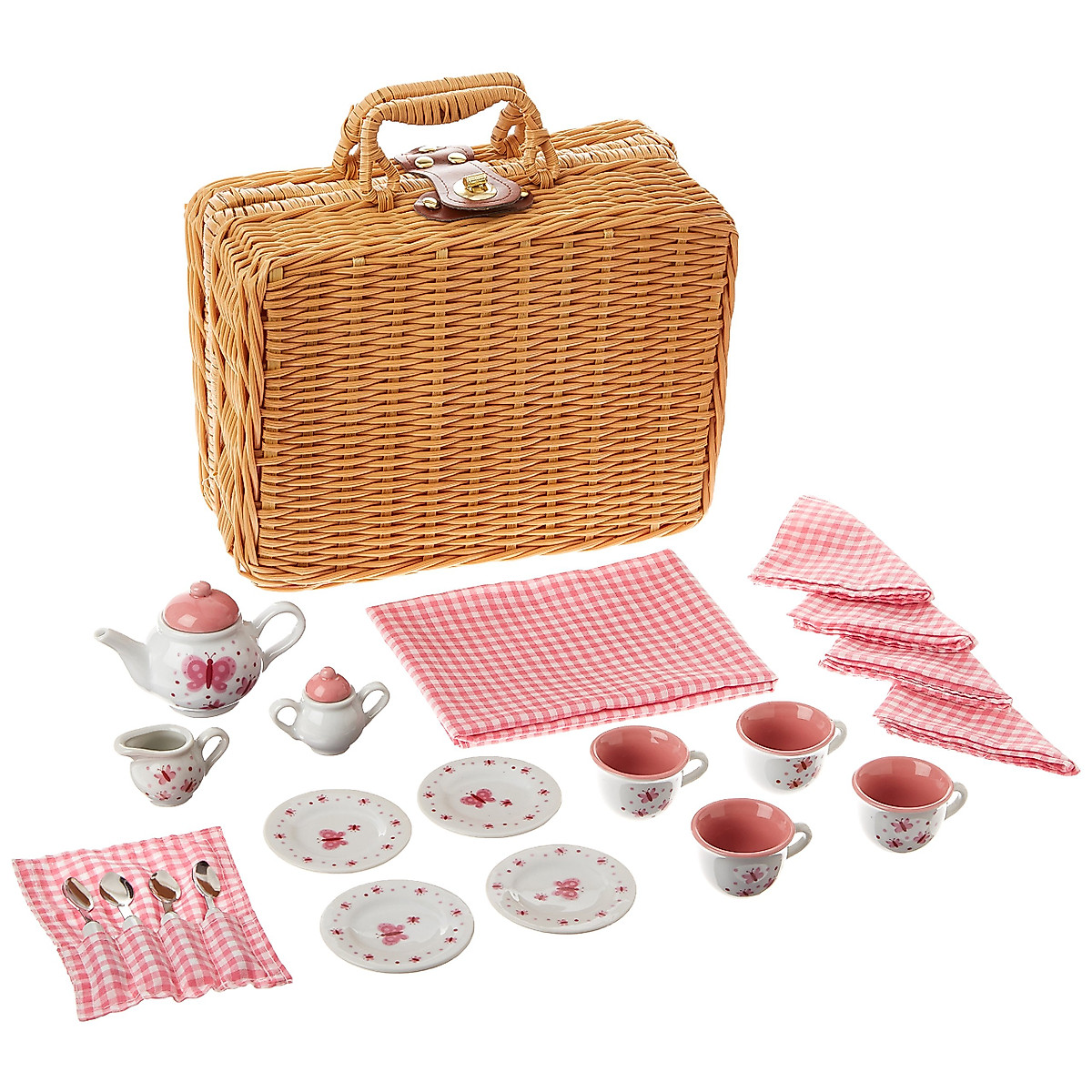 Schylling Brand Classic Porcelain Butterfly Tea Basket Set - 24 Piece Miniature Tea Set - 1.25" Tall Tea Cups - Includes Latching Picnic Basket - Ages 8-10