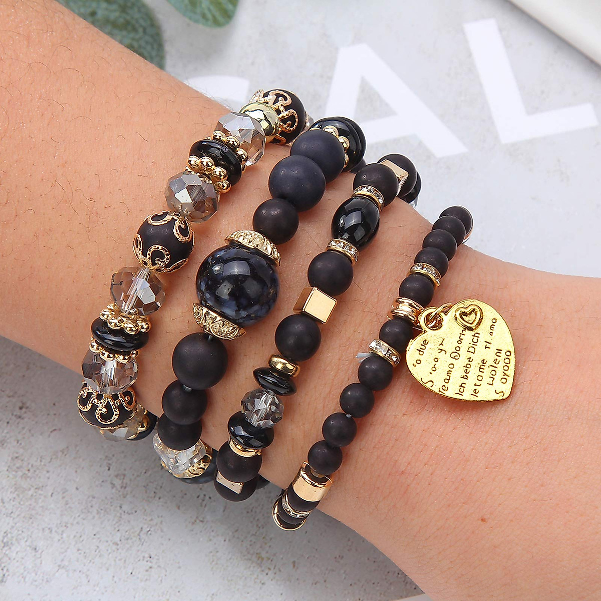 LUBINGSHINE Boho Multilayer Crystal Beads Heart Charm Bracelets for Women Vintage Man Bracelets Yoga Bangles Wrap Bracelet Ethnic Jewelry (Black)