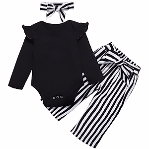 DREAM BUS Newborn Toddler Baby Girl Outfits Romper Ribbed Knitted Long Sleeve Cotton Striped Pants Black,3-6 Months