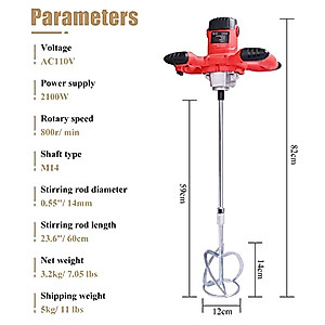 Portable Concrete Mixer 110V 2100W Electric Handheld 6 Gears for Thinset Cement Plaster Grout Paint Mud Mixing with 23.6" Stirring Rod (Red)