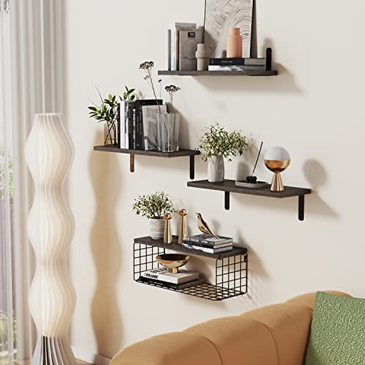 Floating Shelves with Storage Basket, Bathroom Shelves Over Toilet Paper Holder Storage Shelves, Wall Mounted Rustic Wood Shelves for Bathroom, Bedroom, Living Room, Kitchen(Brown, Set of 4)
