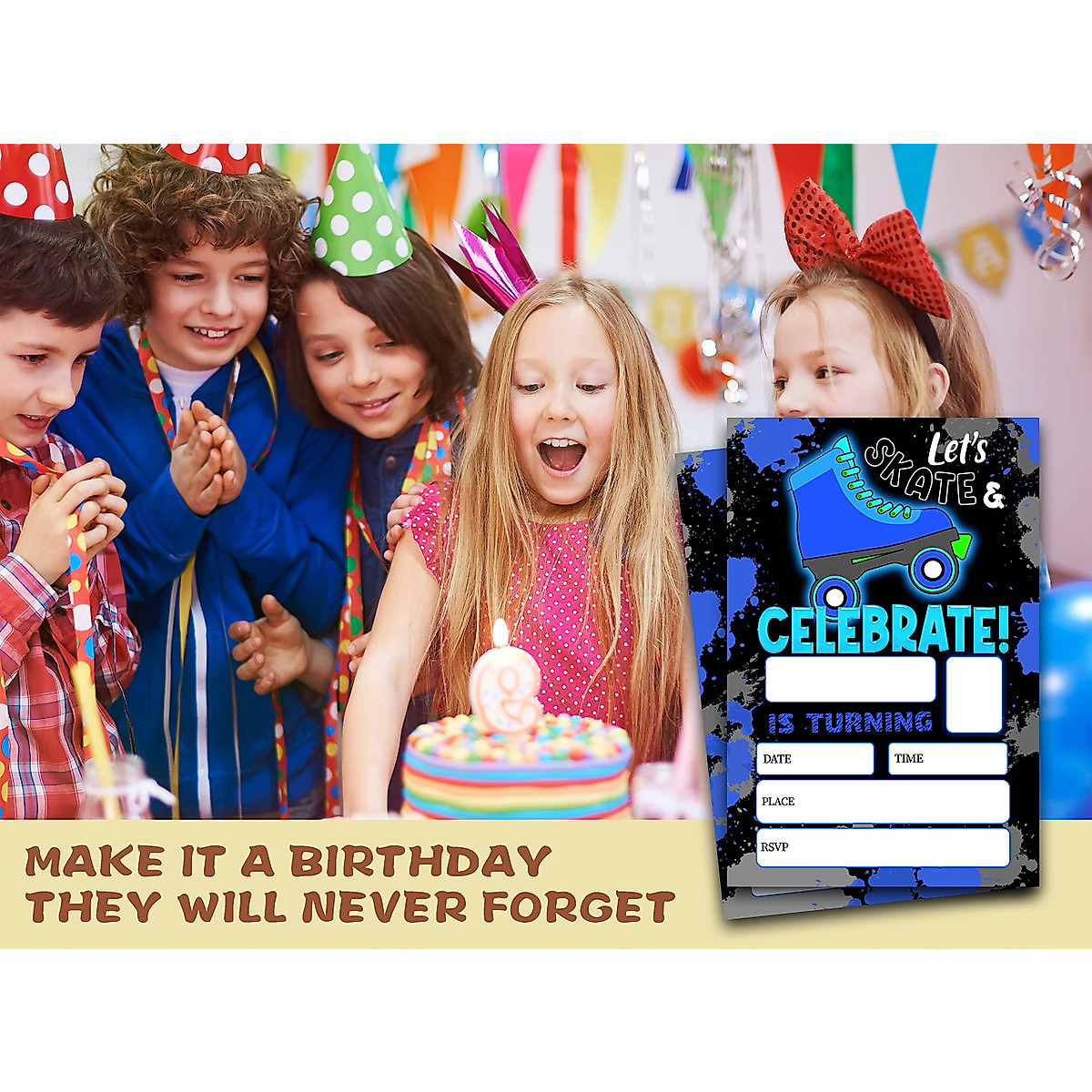 ONDTOM Blue Roller Skating Birthday Party Invitations With Envelopes(4" x 6")- 20 Pack - Neon Glow Skating Party Invites-c15