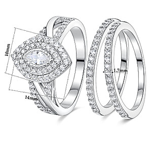 MDFUN Stackable Rings for Women 18K White Gold Plated Three-in-One Marquise Mini Halo CZ Wedding Engagement Promise Eternity Band (6)