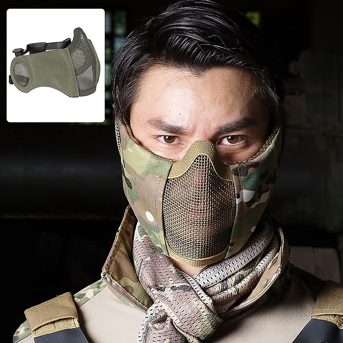 AOUTACC Airsoft Mask, Half Face Mesh Masks with Ear Protection for CS/Hunting/Paintball/Shooting (Mesh Ear, Gray)