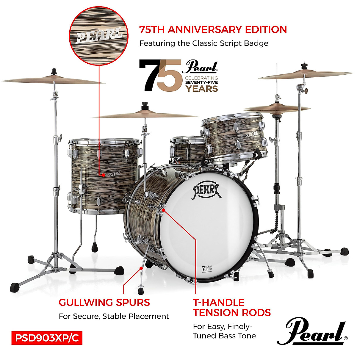 Pearl President Series Deluxe 3-piece 75th Anniversary Edition Shell Pack in Desert Ripple (#768) covered finish featuring 20"x14" Bass Drum w/Cymbal Holder, 12"x8" Tom, and 14"x14" Floor Tom