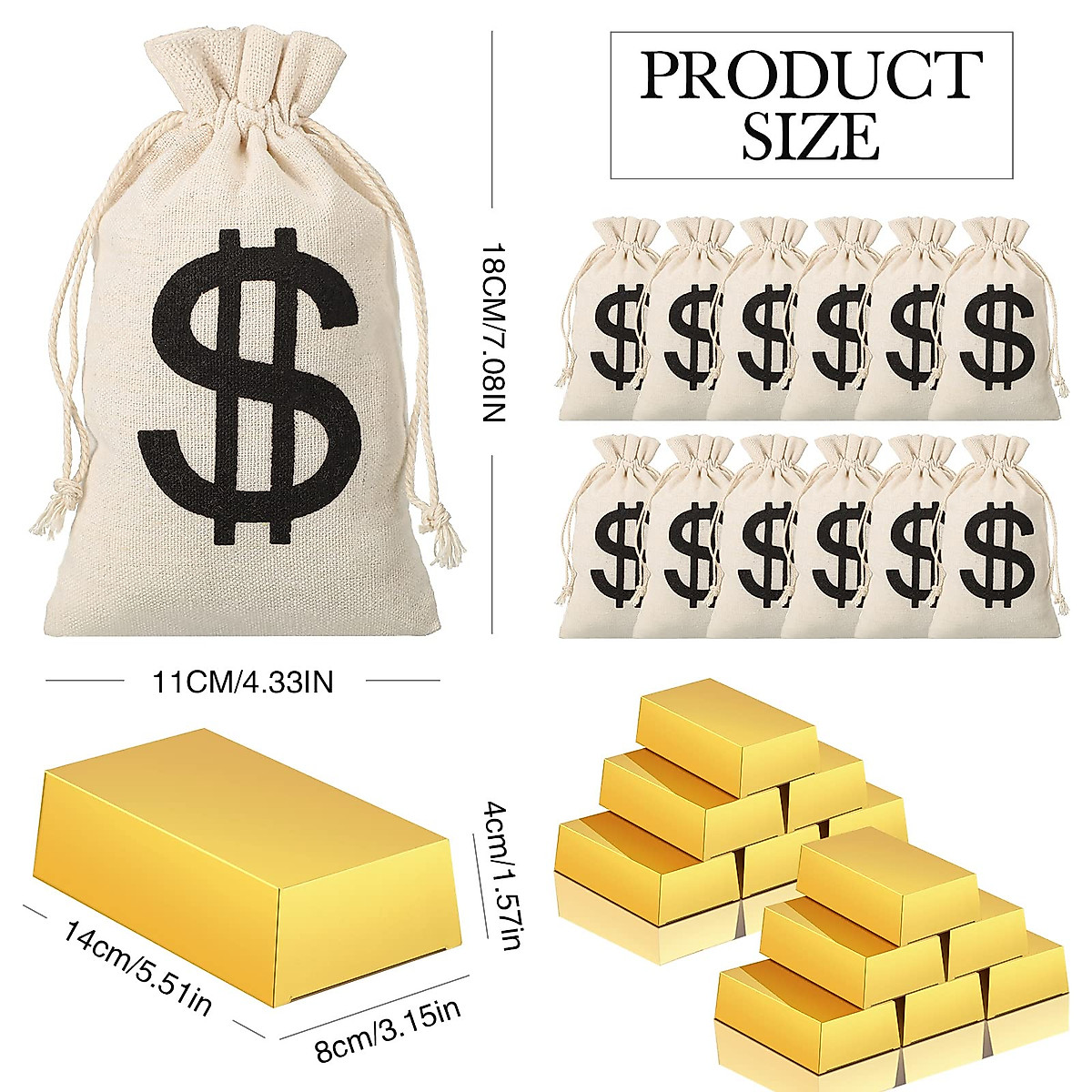 12 Pieces Canvas Money Bag Pouch with Drawstring and 12 Pieces Gold Bar Party Boxes 7 x 4.33 Inch Money Bag Pirate Gold Boxes for Children Toys Presents Crafts Pirate Theme Birthday Party Supplies