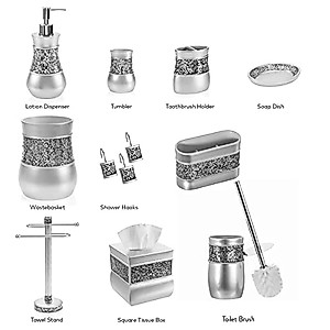 Creative Scents Silver Bathroom Accessories Set complete - Decorative Crackled Glass 6 Piece Bathroom Set Features: Trash Can, Tissue Box Cover, Soap Dispenser, Toothbrush Holder, Soap Dish, & Tumbler