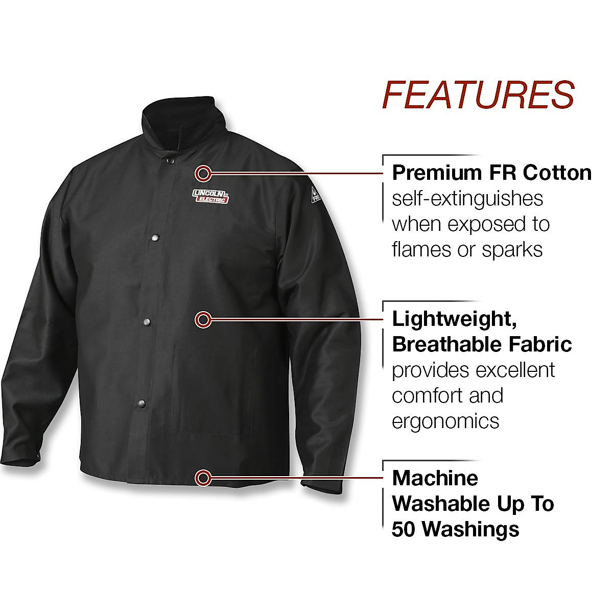 Lincoln Electric Premium Flame Resistant (FR) Cotton Welding Jacket | Comfortable | Black | Medium | K2985-M