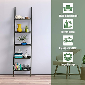 Tangkula Ladder Shelf, 5-Tier Multifunctional Modern Wood Plant Flower Book Display Shelf, Home Office Storage Rack Leaning Ladder Wall Shelf (Black, 2)