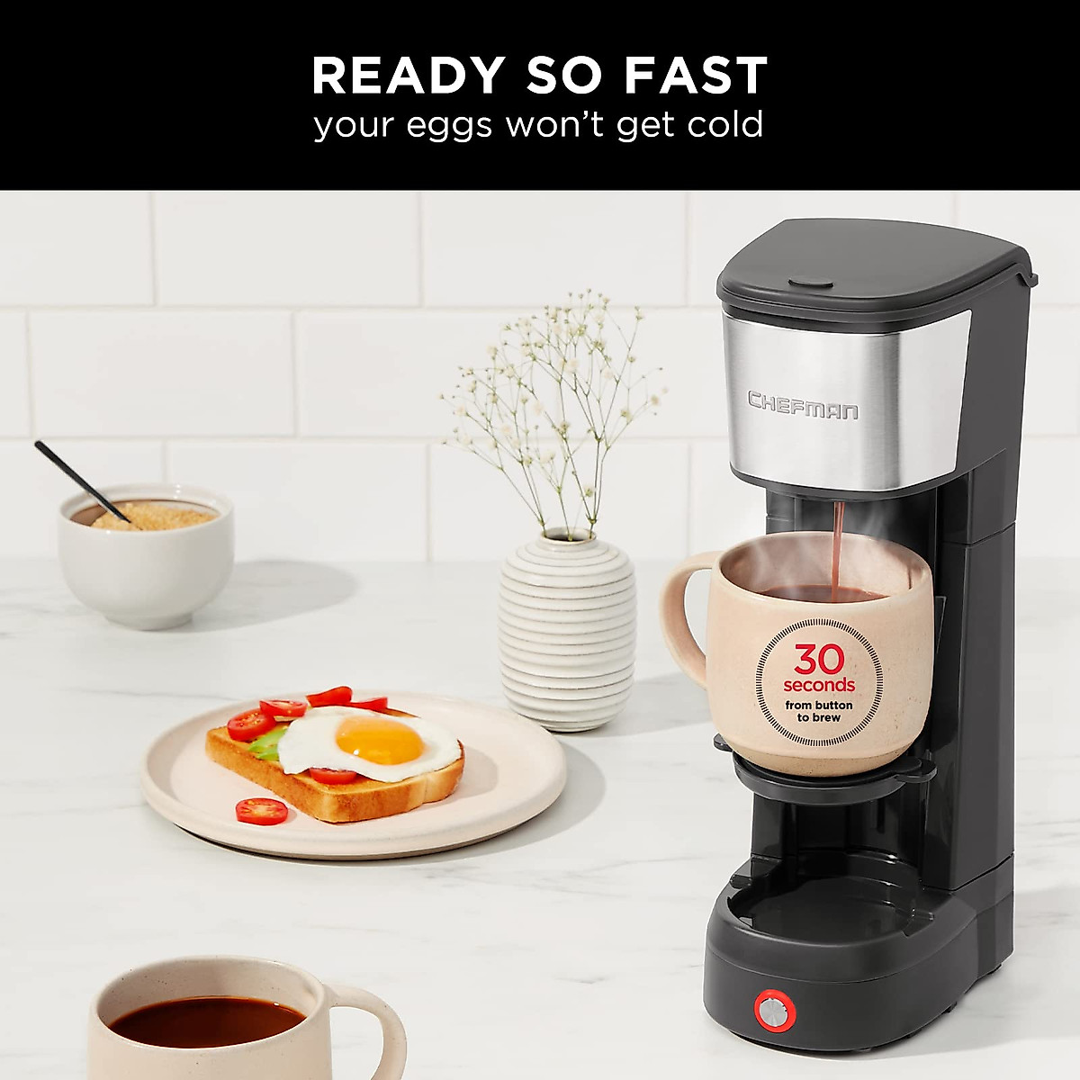 Chefman InstaCoffee Max, The Easiest Way to Brew the Boldest Single-Serve Coffee, Use Fresh And Flavorful Grounds or K-Cups With A Convenient Built-In Lift, Black/Stainless Steel