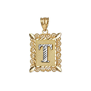 LA BLINGZ 14K Yellow Gold Filigree Alphabet Initial Letter T DC Charm Necklace (Pendant (no Chain))