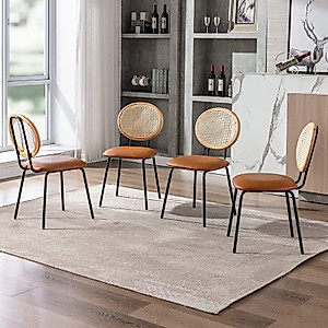 Soohow Faux Leather Indoor Kitchen Set of 2 with Rattan Backrest Modern Industrial Upholstered mid Century Metal Chair Set of 4 Suitable for Dining Room, 4 pcs, Z-Whiskey Brown