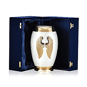 Nazareth Store Wings Adult Cremation Urn for Human Ashes Elegant Elite Pearl White with Gold Flower,Hand Made Brass Classy Finish to Honor Your Loved One - with Velvet Box