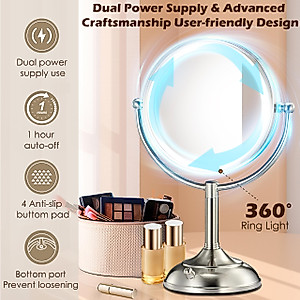 VESAUR 8.5" Large Tall Lighted Makeup Mirror, 1X/10X Magnifying Vanity Mirror with 3 Color Lights, 48 LEDs Adjust Brightness(0-1200Lux), Senior Pearl Nickel Swivel Cosmetic Mirror, Dual Power Supply