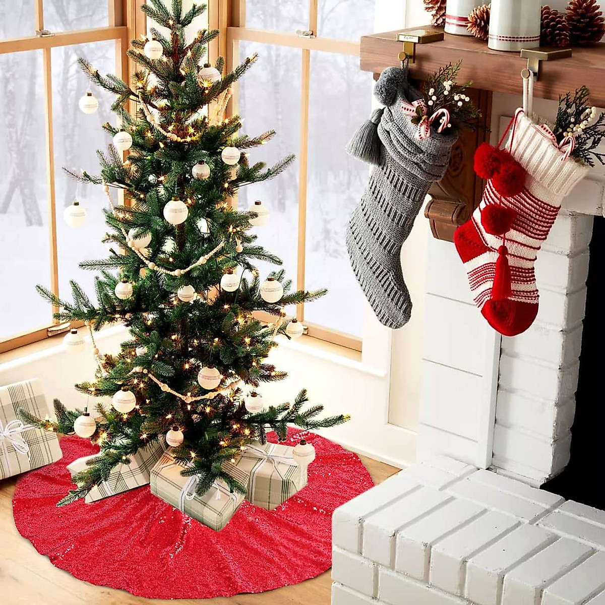 B-COOL Tree Skirts 48inches Red Christmas Sequin Tree Skirt Embroidered Tree Carpets Glitter Tree Mats Chrismas Tree Cover Round Red