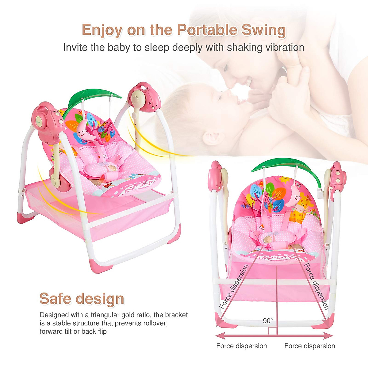 Baby Swing for Infants, Portable Baby Swing with 6 Motions, Toddler Swing with Music, Sounds, Timing, Baby Rocker with 2 Toys, Plsuh Seat & Soft Head Support, Machine Washable Fabric (Pink)