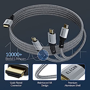 Elecan 8K HDMI 2.1 Cable (Certified) 8 Ft/2 Pack, 48Gbps Braided HDMI Cord for 8K@60Hz 4K@120Hz 2K 1080P, Dynamic HDR, eARC HDCP 2.2&2.3 Dolby Vision for PS5,PS4, Xbox HD TV with Ties and Adapters