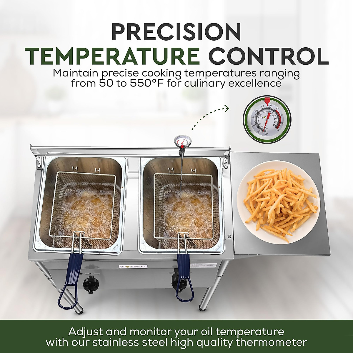 Bioexcel Two Tank Outdoor Deep Fryer with Thermometer Fish Fryer, CSA Certified Propane Deep Fryer with 2 Stainless Steel Baskets and Lids Gas Deep Fryer with Adjustable Temperature Regulator