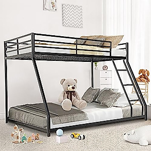 Metal Bunk Bed Frame, Twin Over Full Bunk Bed with Ladder and Full-Length Guardrail, Sturdy Support Slats for Teens Adults, Noise Free, Black