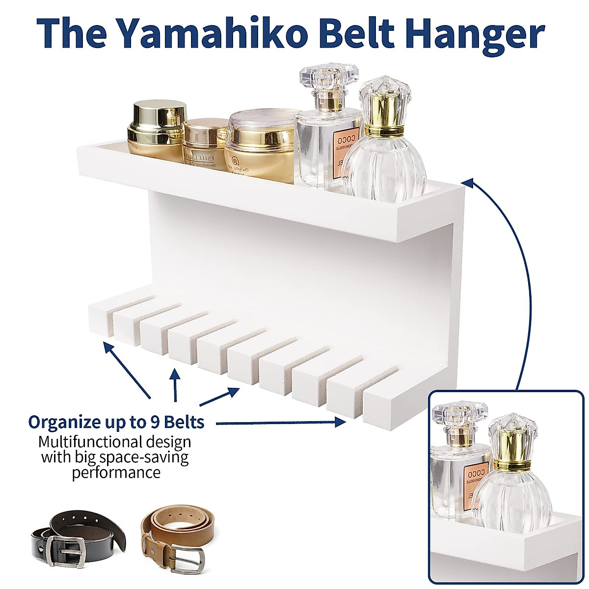 Yamahiko Belt Storage Organizer for Closet, Belt Hanger Wall Mounts with Double Shelving Platform, Universal Belt Rack Holder for Closet, Wall Closet Organizer Belt Hanger Rack for Men Women, White