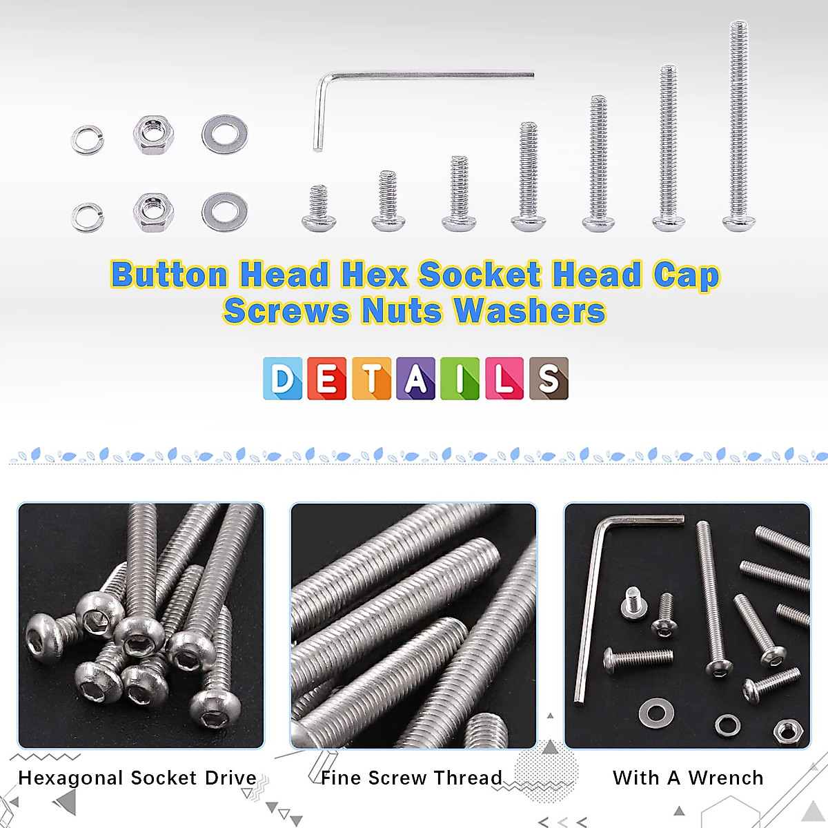 Glarks 260Pcs 13 Size M6 304 Stainless Steel Button Head Screws Hex Socket Cap Screws Bolts and Nuts Washers Assortment Kit with Hex Wrench for Machinery Furniture Car Repair