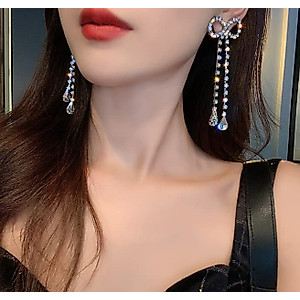 LAKIYOYO Rhinestones Bow Drop Earrings for Women Crystal Silver Bowknot Tassels Statement Earrings Lightweight Shiny Bar Earrings Set Jewelry