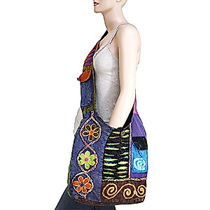 Bohemian Hippie Crossbody Shoulder Bag Sling Cotton Handmade Variety Patterns (2078 - Flower)