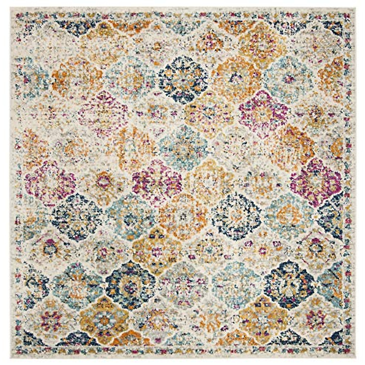 SAFAVIEH Madison Collection 8' Square Cream/Multi MAD611B Boho Chic Floral Medallion Trellis Distressed Non-Shedding Living Room Bedroom Dining Home Office Area Rug