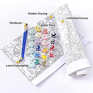 Paint by Number for Adults, CAYUDEN 16"x 20" Acrylic Paint by Numbers for Adults Beginner Kids Landscape Painting by Numbers on Canvas with 3 Brushes Moon Adult Paints by Number Kits Painting Set