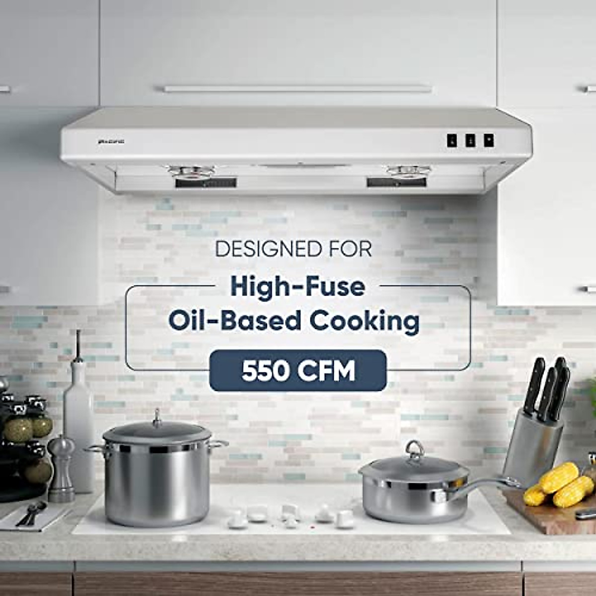 Pacific Economy Under Cabinet Ducted Range Hood 30 inch - CFM550 Powerful 2-Speed Wall Mount Kitchen Vent Hood - Electric Hood with Lighths, Filterless, White ‎PR1230BW
