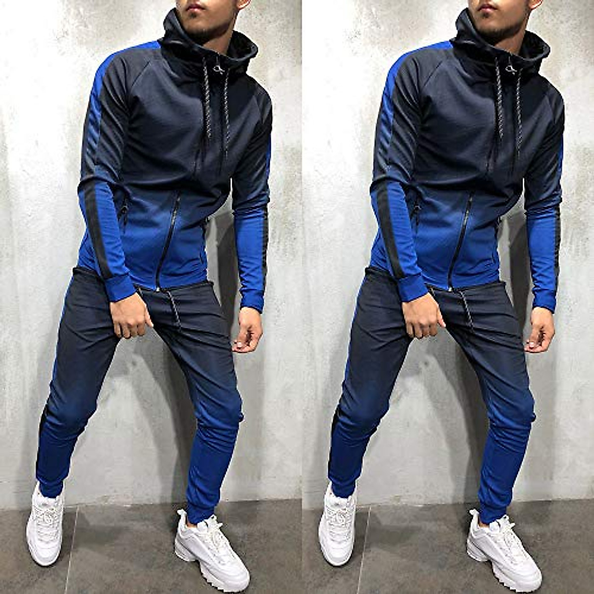 Men's Pullover Winter Workout Thenlian Mens Autumn Winter Packwork Print Sweatshirt Top Pants Sets Sport Suit Tracksuit(Blue, XXXL)