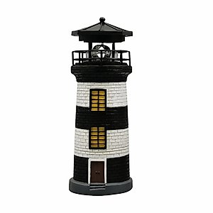 BWWNBY Lighthouse Decorative Light Solar Nautical Style Garden Lamp Patio Pathway Night Lighting Ornament LED Rotation Lawn Yard Lighthouse(Black+White)