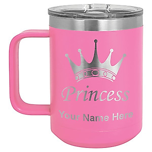 LaserGram 15oz Vacuum Insulated Coffee Mug, Princess Crown, Personalized Engraving Included (Pink)