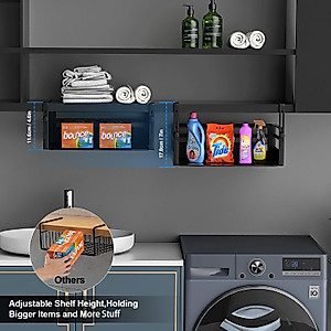 AmonHouseware 2 Pack Under Shelf Storage Basket Organizer,Adjustable Hanging Under Cabinet Add-on Storage Racks Slide-in Baskets Organizer for Laundry Room Kitchen Pantry Desk Bookshelf, Black