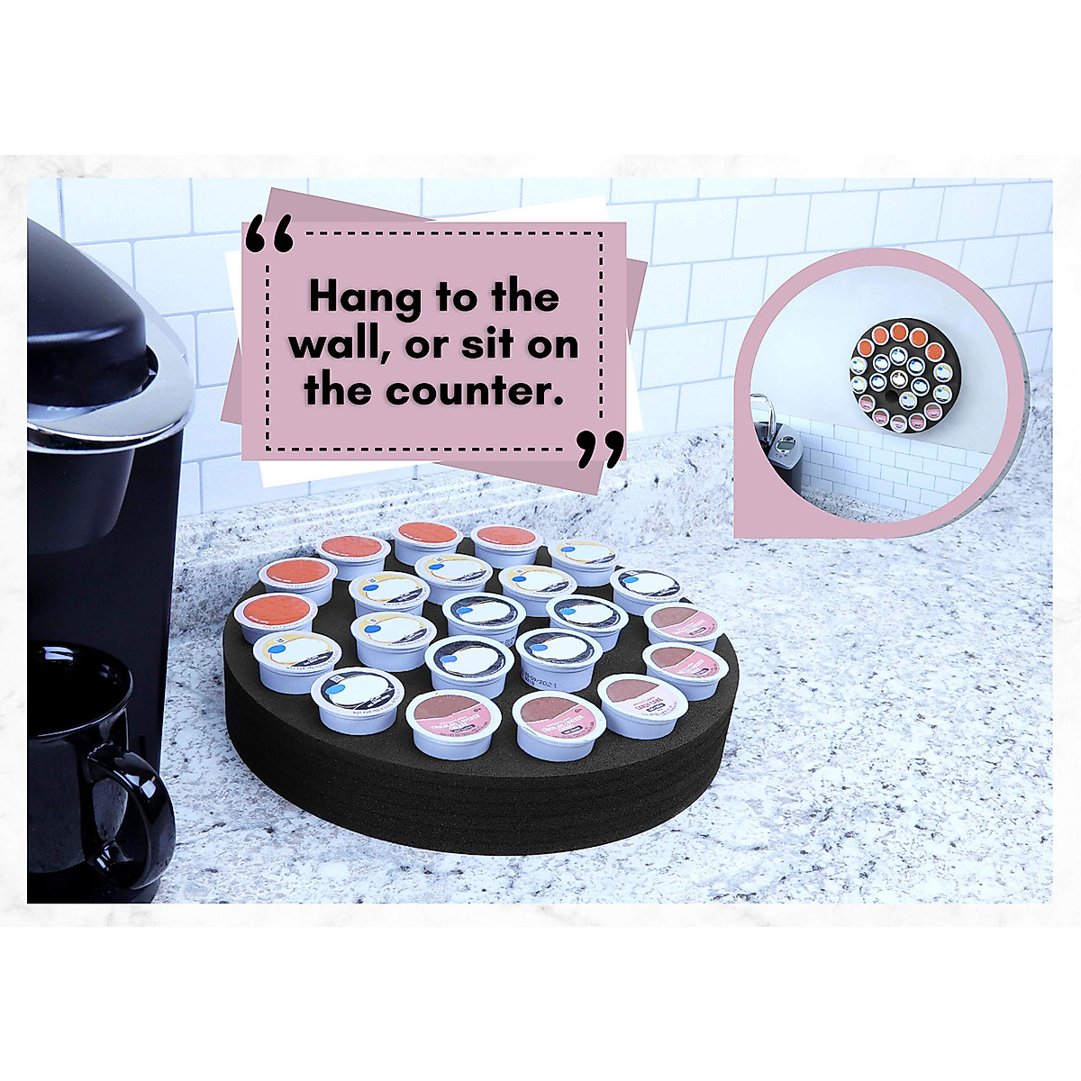 Polar Whale 2 Coffee Pod Wall Mount Hanging Organizers Round Storage Tray Compatible with Keurig K-Cup for Kitchen Home Office Display Stand Waterproof Washable Black Foam 22 Compartment