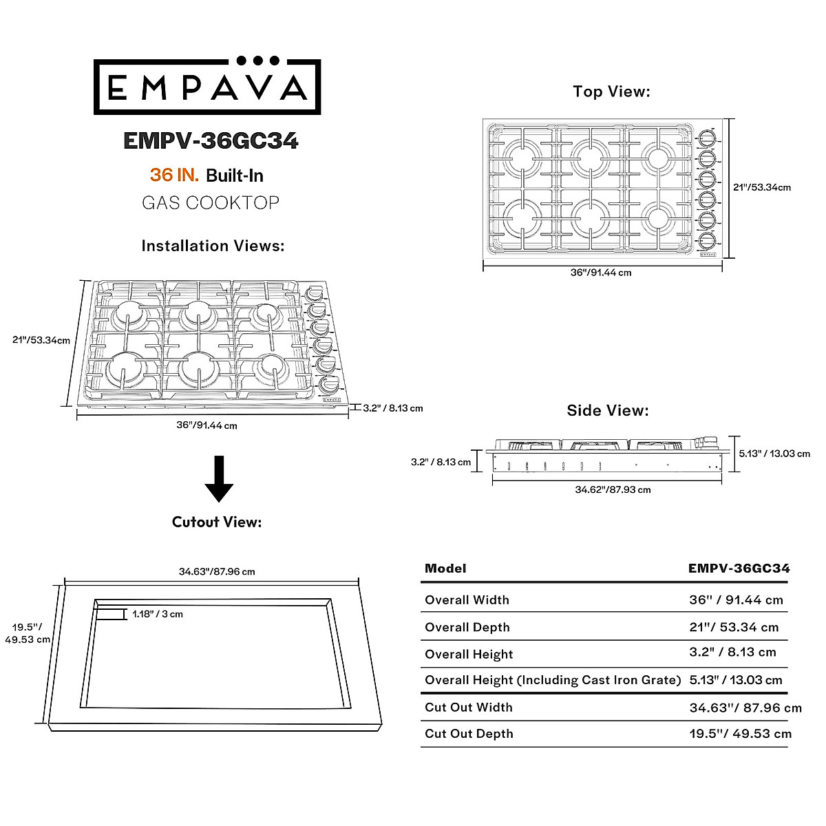 Empava 36 in. Gas Stove Cooktop 5 Italy Sabaf Sealed Burners NG/LPG Convertible in Stainless Steel, 36in