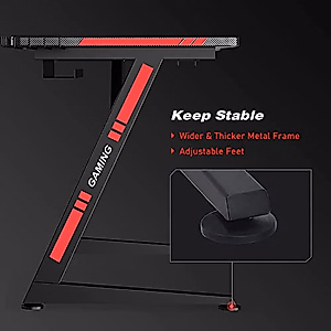 GTRACING Gaming Desk with Led Strip Lights, 44 Inch Ergonomic Z-Shaped Carbon Fiber Surface Computer Gaming Table for PC, Home Office Gamer Desk with Cup Holder, Speaker Holders and Headphone Hook