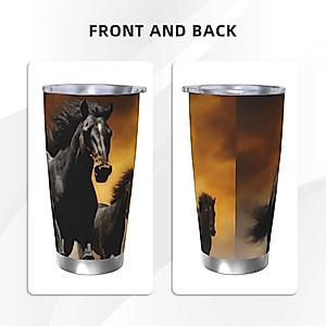 Running Black Horses Tumbler with Lid and Straw 20oz Stainless Steel Car Cup for Hot and Cold Drinks, Double Wall Insulated Travel Coffee Mug Reusable Drink Thermos Cup Birthday Gifts